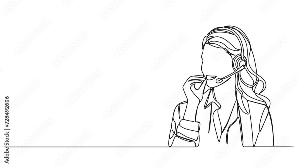 animated continuous single line drawing of female call center agent ...