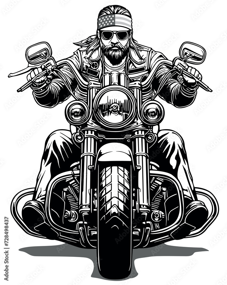 Drawing of a Biker on a Strong Motorcycle - Black and White ...