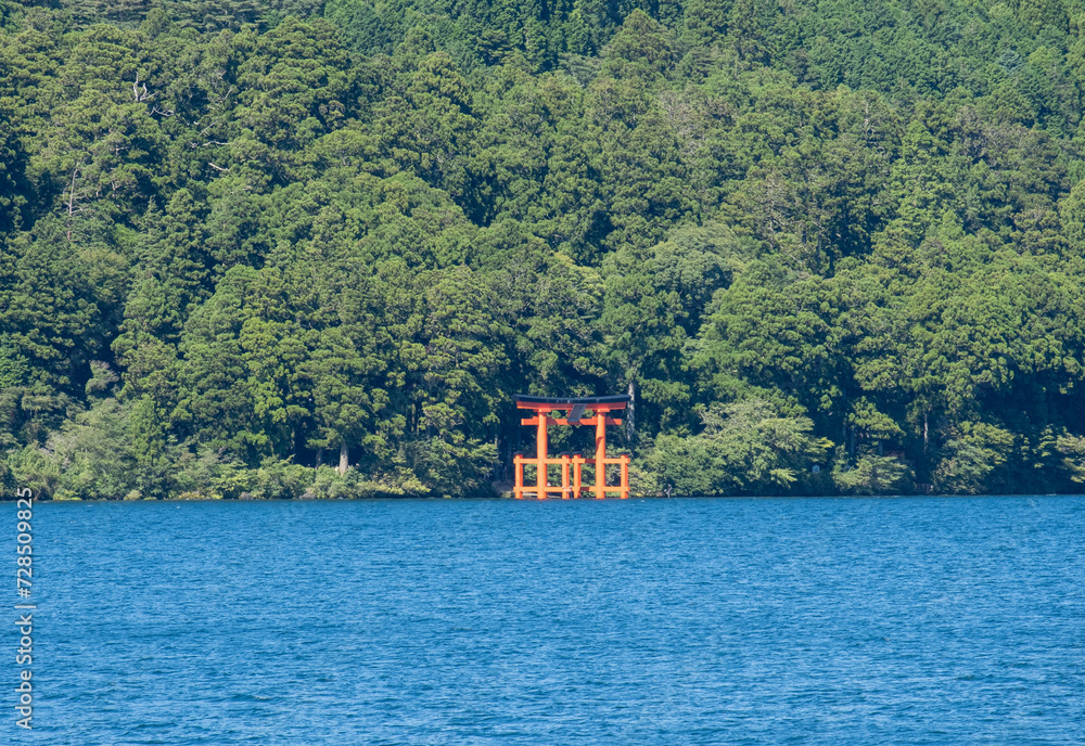 A“red gate of peace” (heiwa no torii) in Hakone-jinja shrine standing ...
