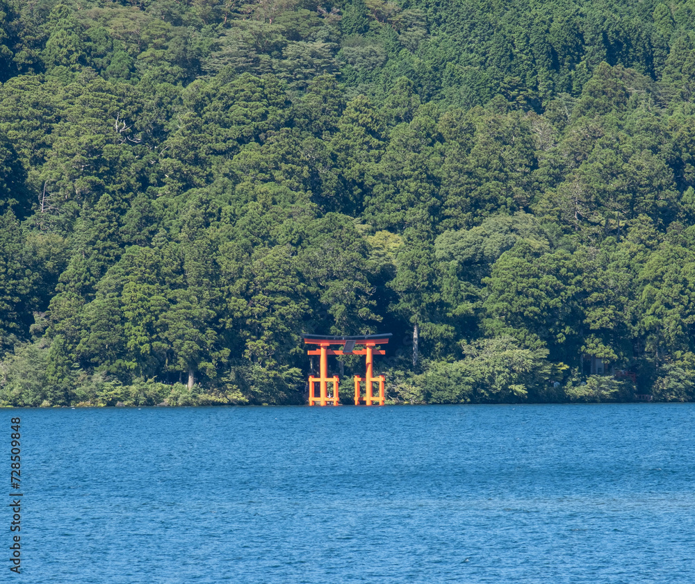 A“red gate of peace” (heiwa no torii) in Hakone-jinja shrine standing ...