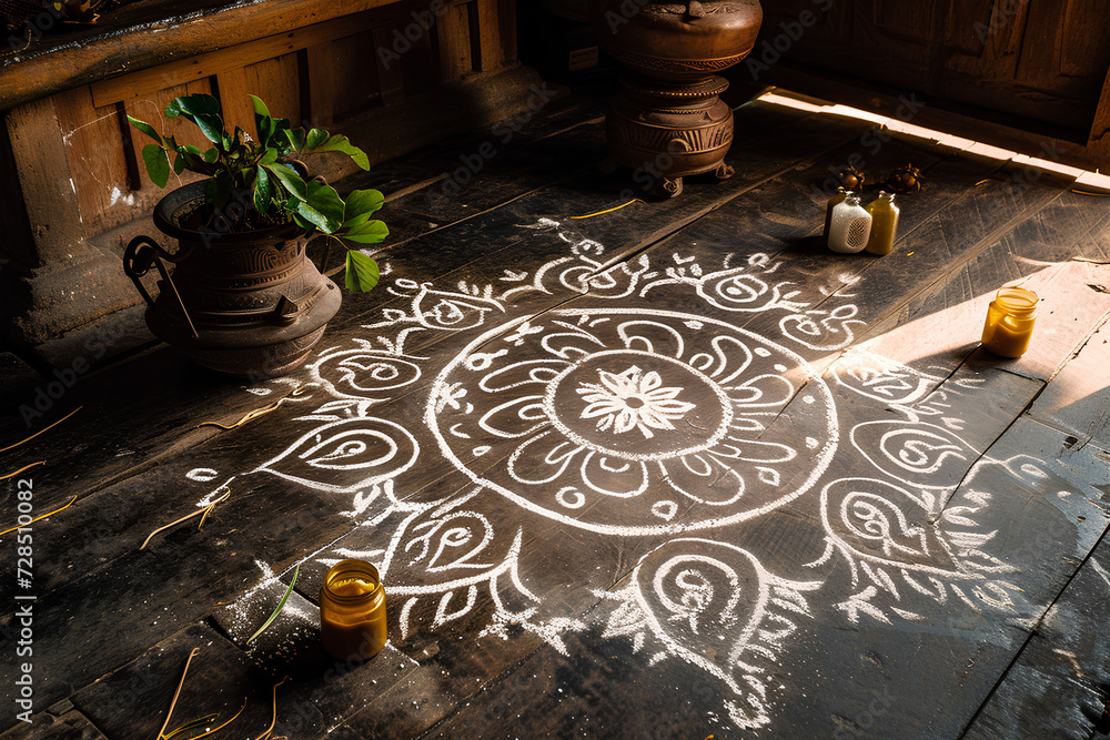 White rangoli pattern on the threshold of the indian house. Religious ...