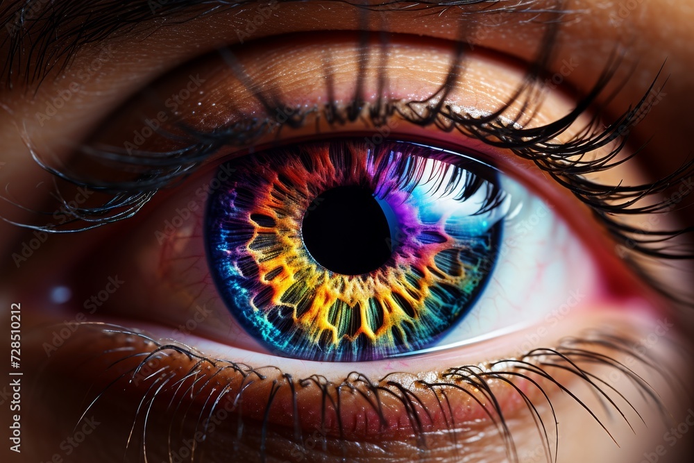 An eye with a rainbow-colored iris and pupil retaining its texture and ...