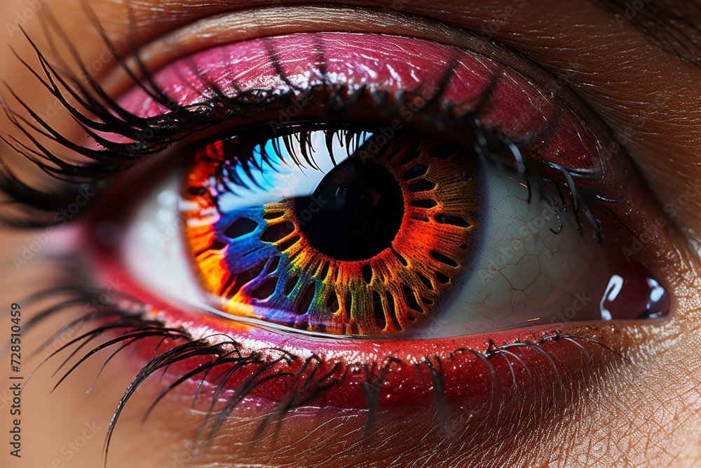 An eye with a rainbow-colored iris and pupil retaining its texture and ...