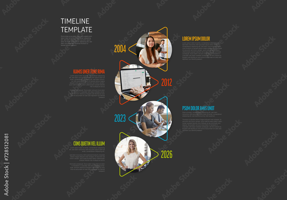 Modelo de Vertical dark timeline template with photos in circle frames ...