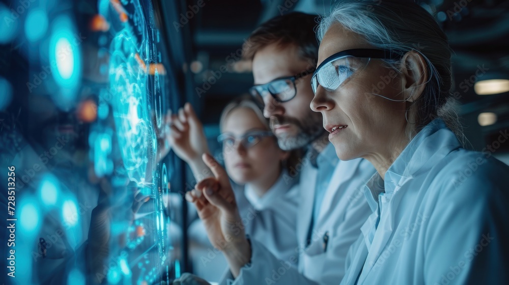 Close-up on a team of engineers brainstorming around a high-tech ...
