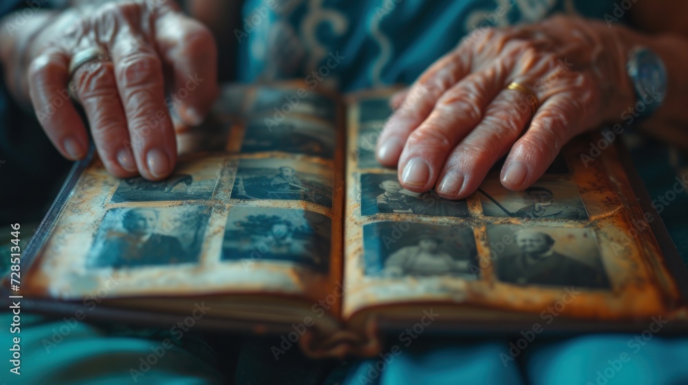 Family photo album being browsed by multi-generational hands, close-up ...