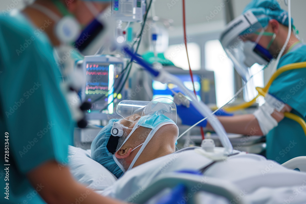 Patient is in comatose during intensive care at an intensive care unit ...