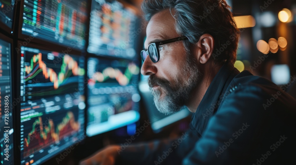 Trader executing trades on a multi-screen trading setup, close-up on ...