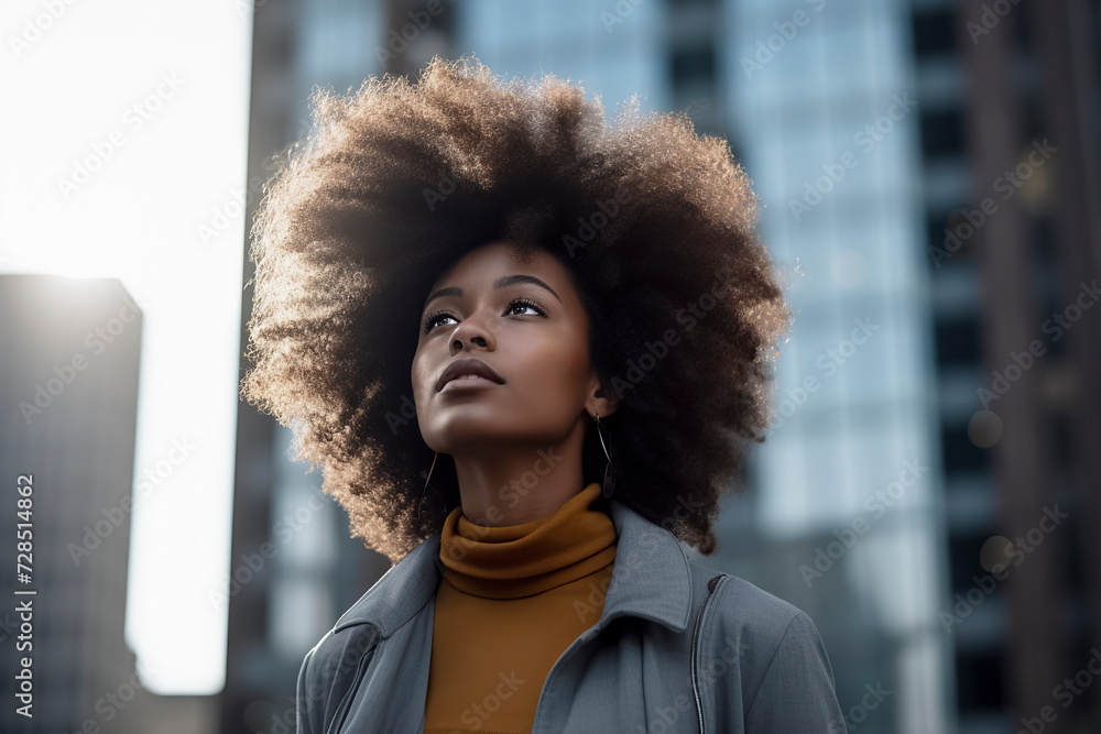 black woman with a large afro, wearing a turtleneck and jacket, is ...