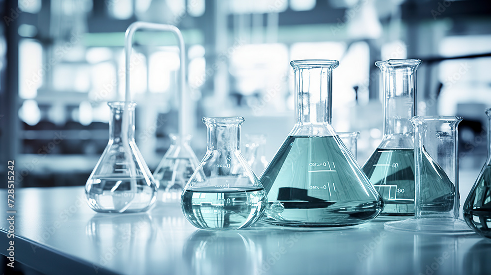 a modern laboratory with various glass beakers and flasks containing ...