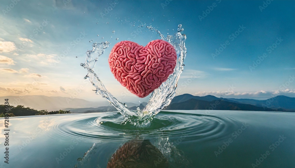 brain of young man with heart splash love and passion self esteem and ...
