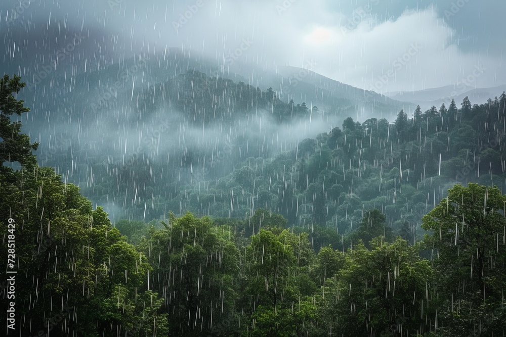 A misty rain drapes over the lush green forest, shrouding the towering ...