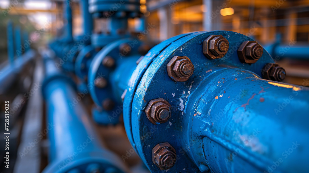 Close-up of a series of blue industrial water pipelines, featuring ...