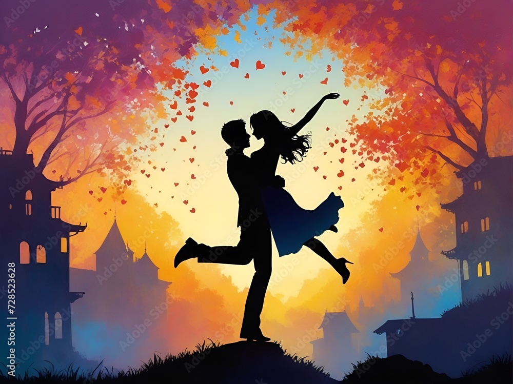 Silhouette of couple falling in love with boy lifting a girl with ...