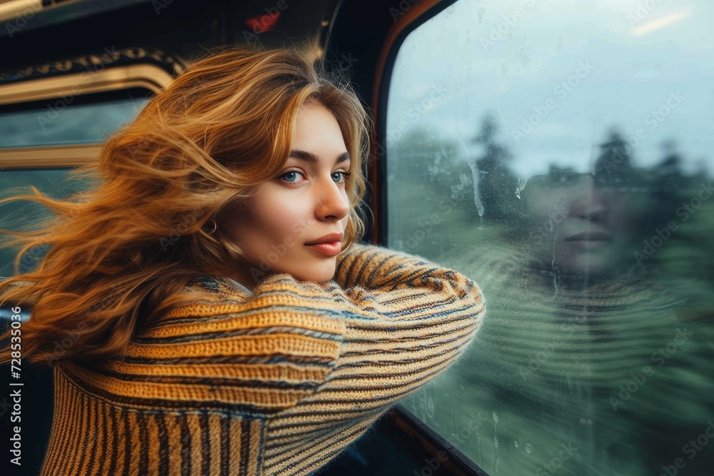 A girl stands by the train window, her human face adorned with a ...
