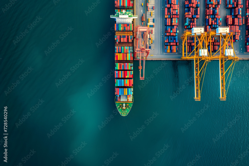 An aerial view shows the complex structure of a seaport with neatly ...