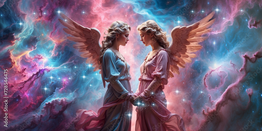 two beautiful angel standing opposite each other over cosmic background ...
