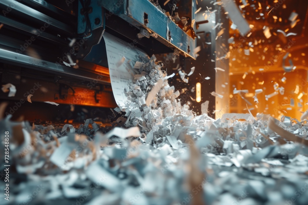 A pile of shredded paper being processed by a shredding machine. This ...