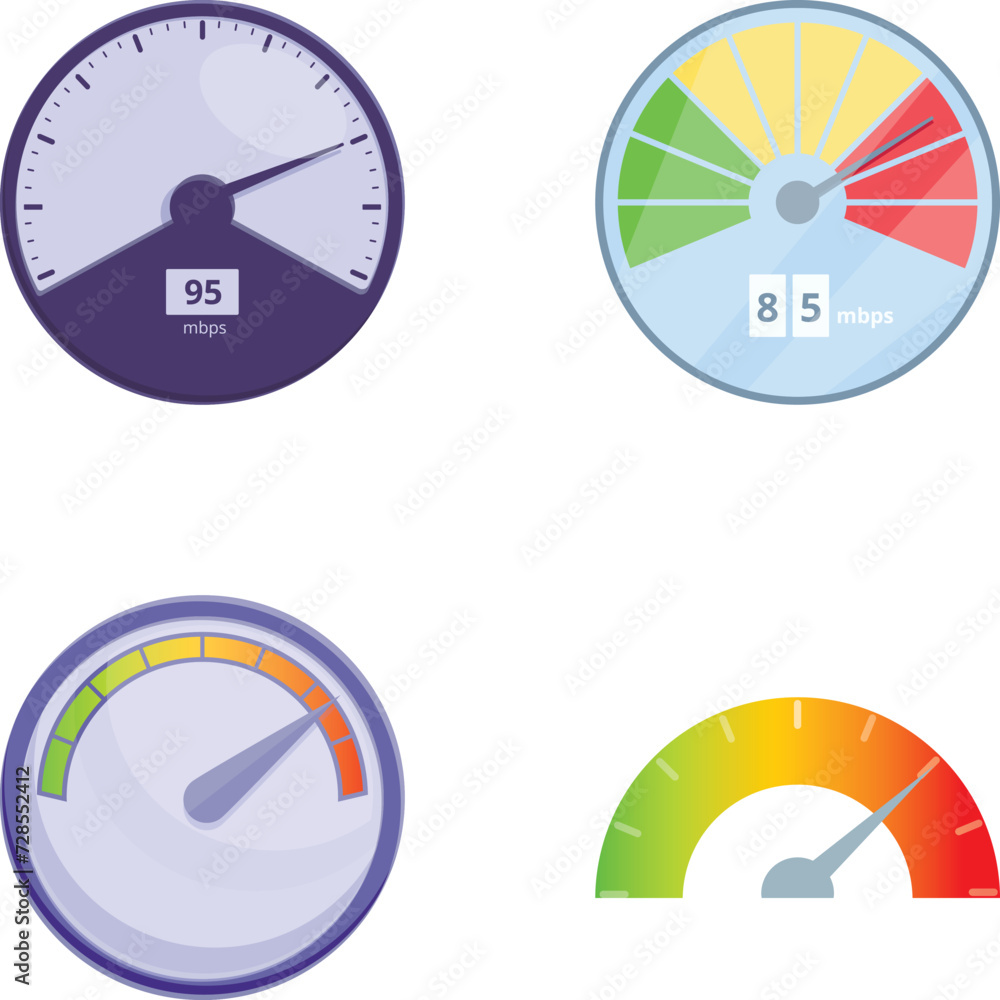 Speedometer icons set cartoon vector. Different type of speedometer ...