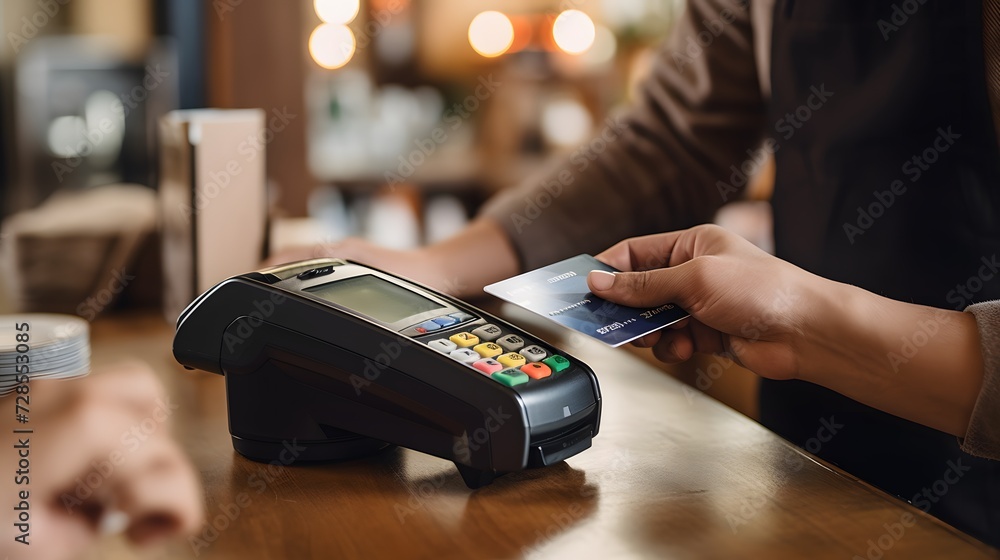Customer using credit card and pay terminal for payment. panorama photo ...