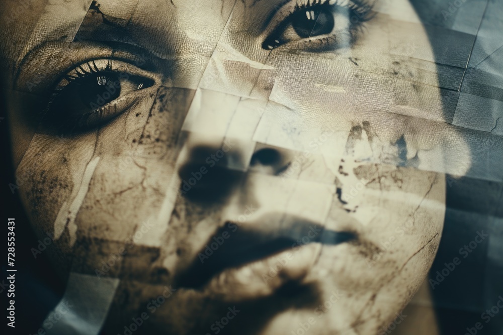 A close-up view of a person's face with a torn piece of paper. This ...