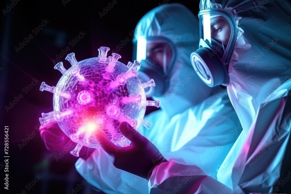 Medical Researchers in Hazmat Suits Analyzing Illuminated Virus Model ...