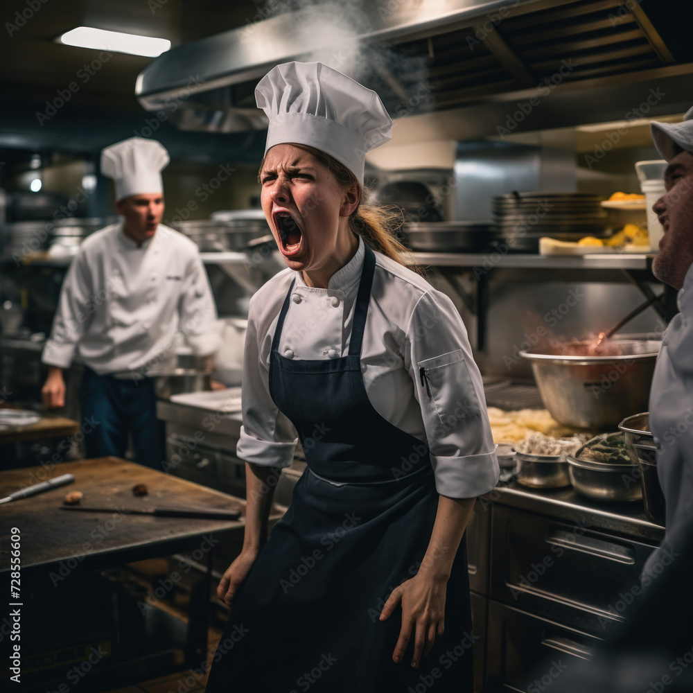 A woman chef is shouting in a bustling commercial kitchen with focused ...