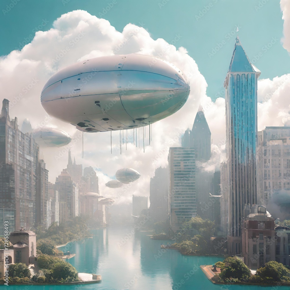 Floating city in the clouds, with futuristic architecture and airships ...