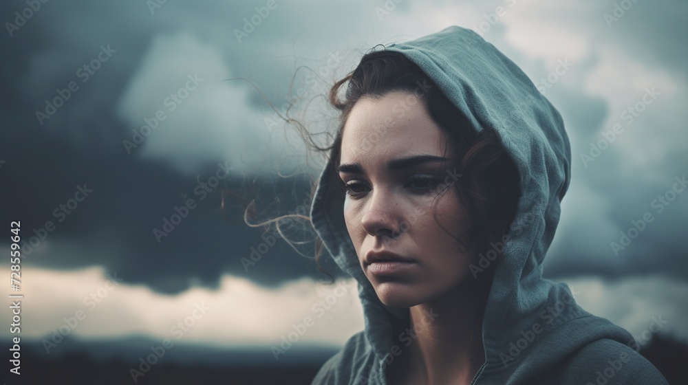 A sad young woman has a clouded mind. A depressed teenager girl suffers ...