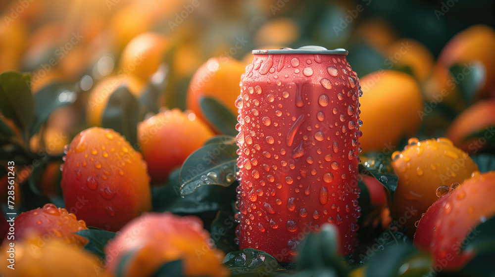 Mockup red aluminum water mango can with water drops on the can surface ...