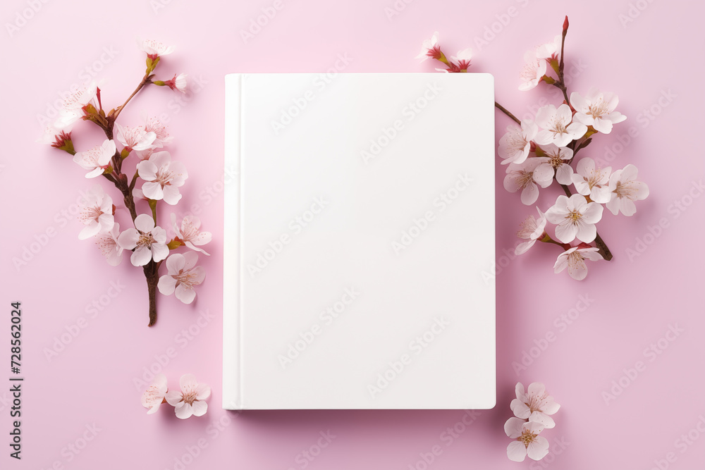 Blank white book cover mockup with flowers on pink background, book ...