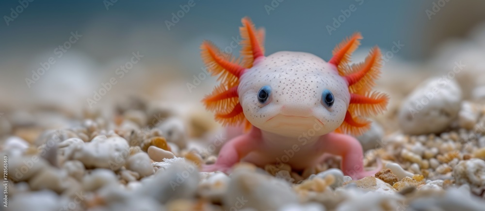 Banner with close-up cute baby axolotl, an amphibian, resting on ...