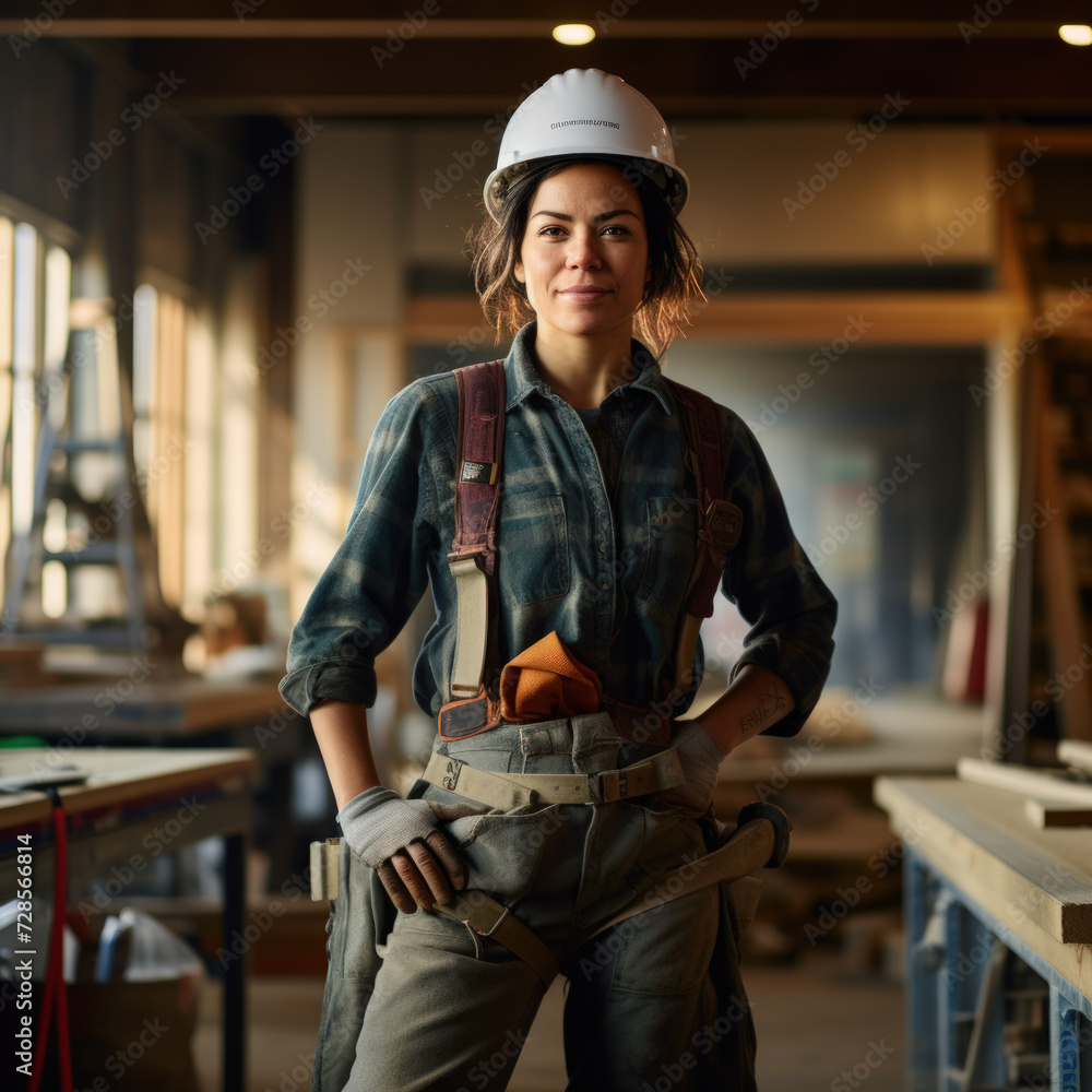Confident woman in work attire with hard hat stands in workshop hands ...