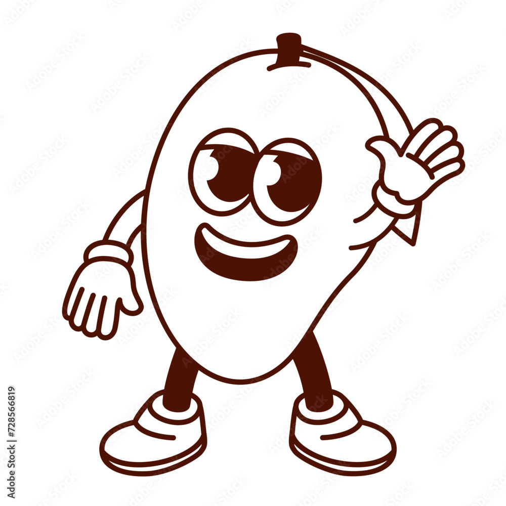 Groovy cartoon monochrome mango character waving hello or goodbye ...