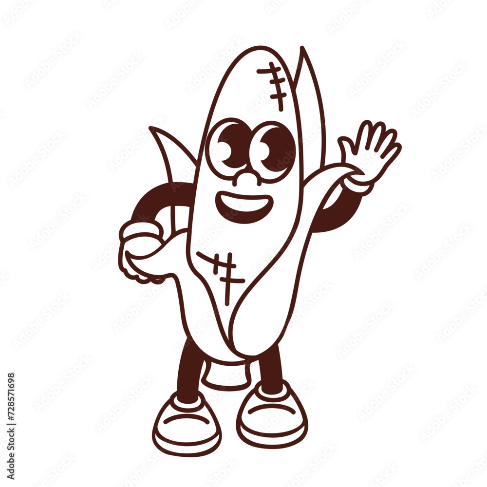 Groovy cartoon monochrome corn character with leaf waving. Funny retro ...