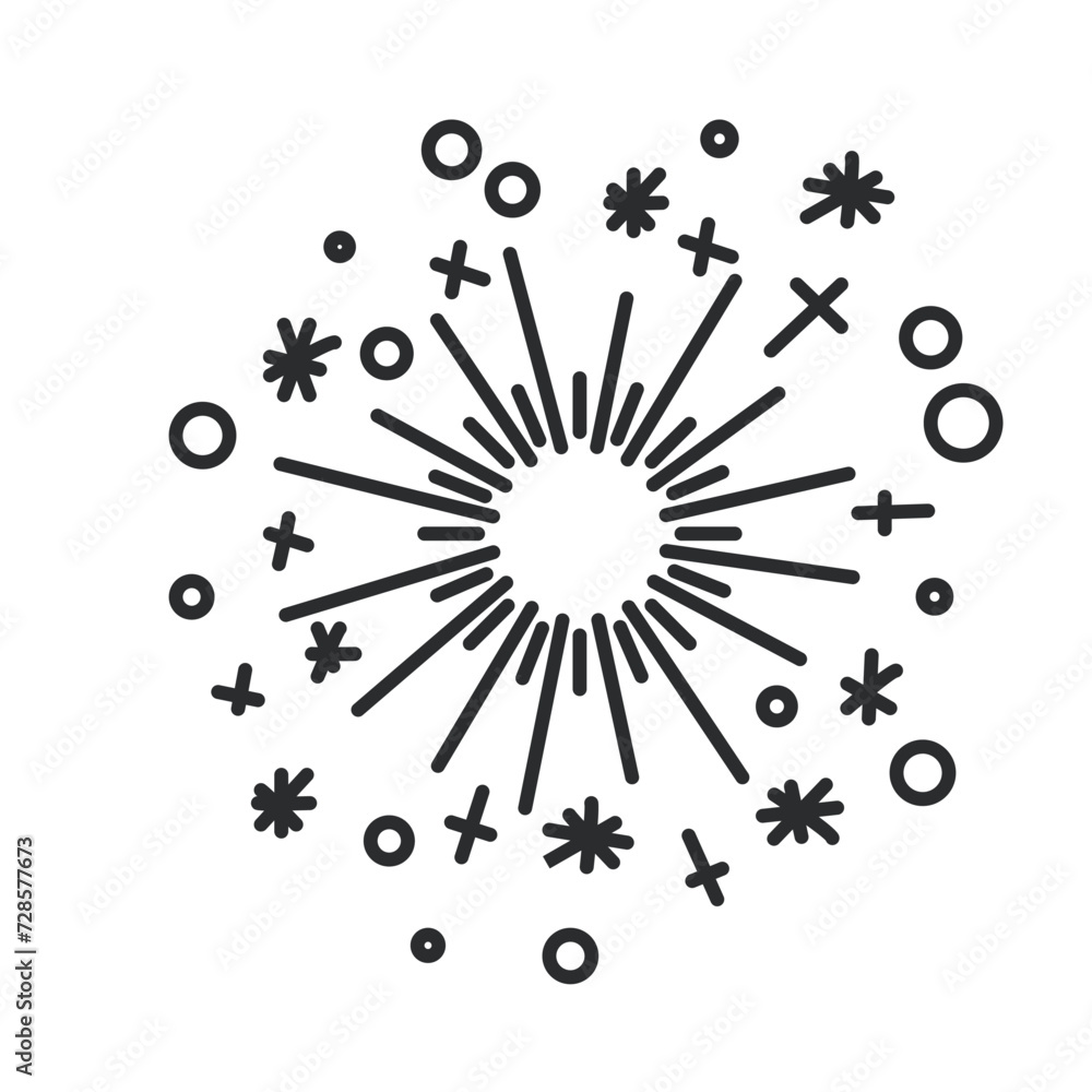 Fireworks explosion with radial rays of sparks line icon. Thin black ...