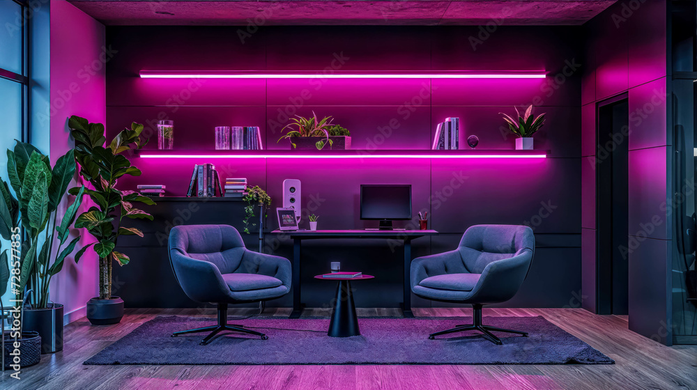 Modern Empty Podcast Studio Room. Sleek Furniture with Vibrant Pink And ...