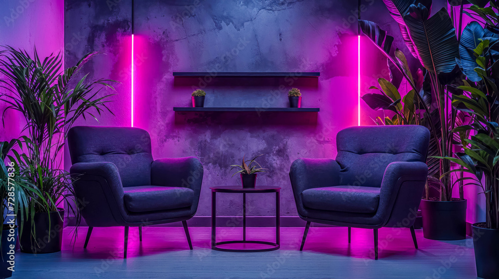 Modern Empty Podcast Studio Room. Sleek Furniture with Vibrant Pink And ...