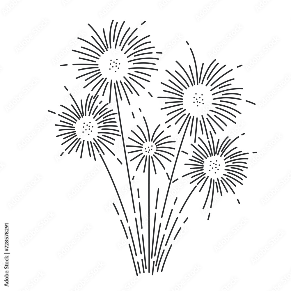 Fireworks sparkles and rays of fire line icon. Thin black outline ...
