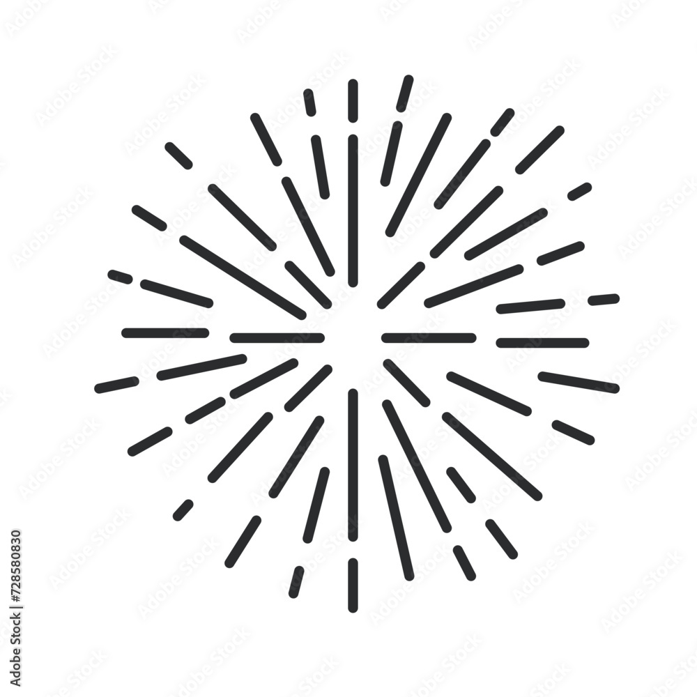 Fireworks with circle light rays line icon. Thin black outline silhouette of round sparks burst ...