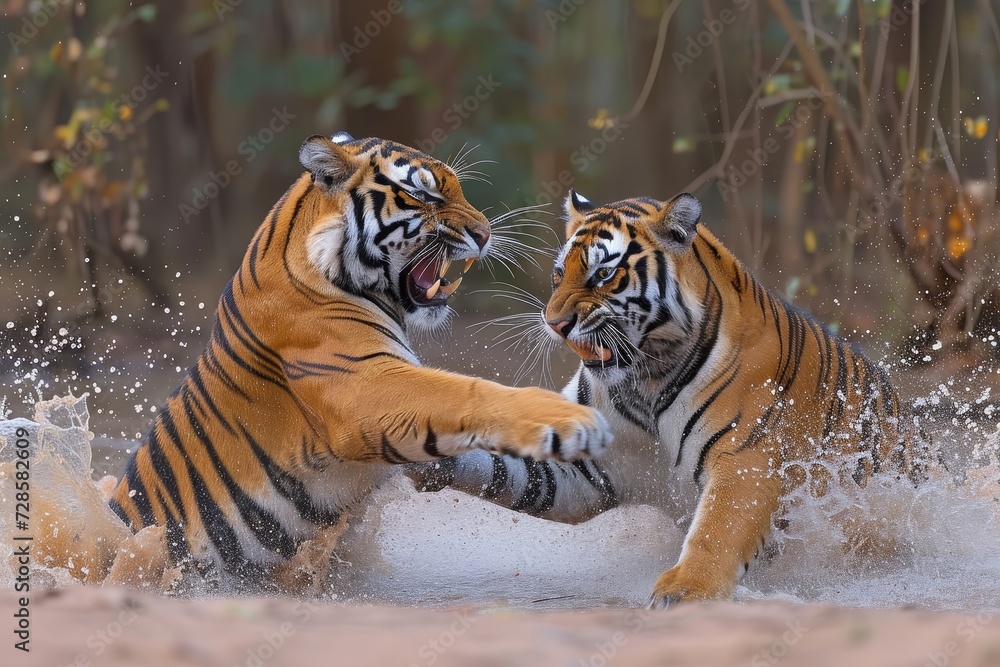 Two powerful big cats, a bengal tiger and a siberian tiger, fiercely ...