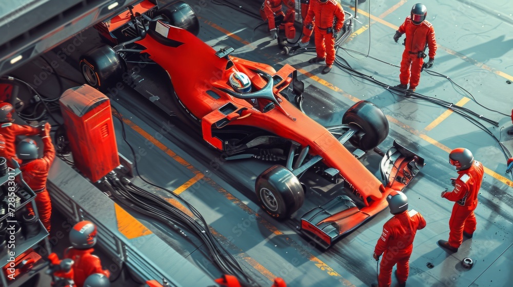 Racing team working at pit stop with racing care during tournament on a ...