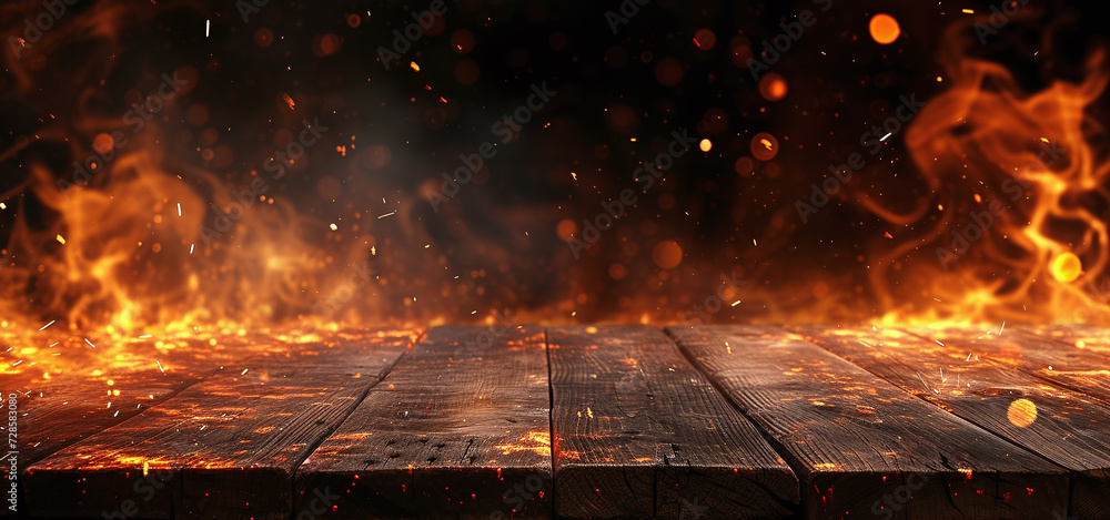 wooden table with fire burning on the edge of the table, fire particles ...