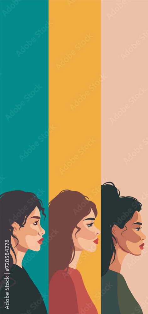 Vector illustration of multi-ethnic women standing sideways next to ...