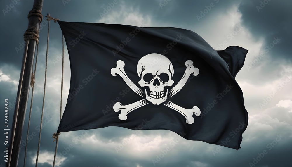 ภาพประกอบสต็อก Pirate black flag with skull and bones waving in the ...