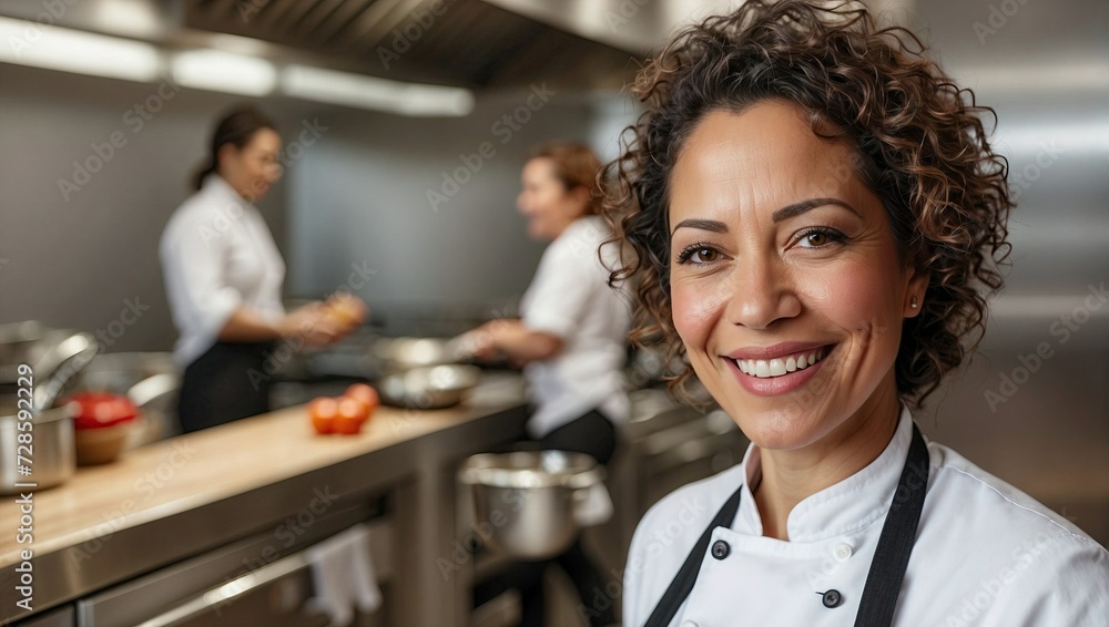 Mixed-race female chef smiling in a commercial kitchen with staff ...