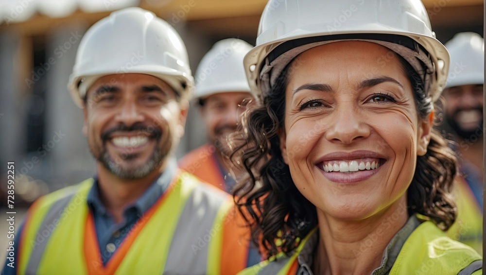 Group portrait of diverse construction workers smiling in safety ...