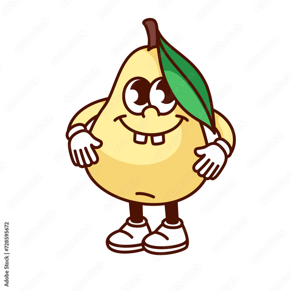 Groovy cartoon happy pear character with green leaf. Funny retro fruit ...