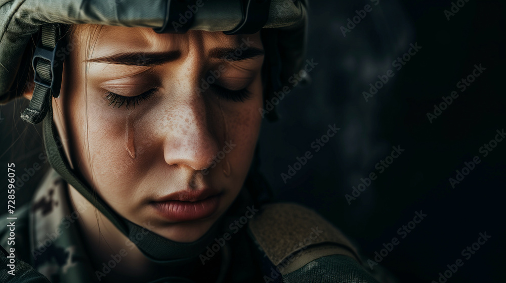 Portrait of young Female Soldier. Woman in Military uniform. She is ...