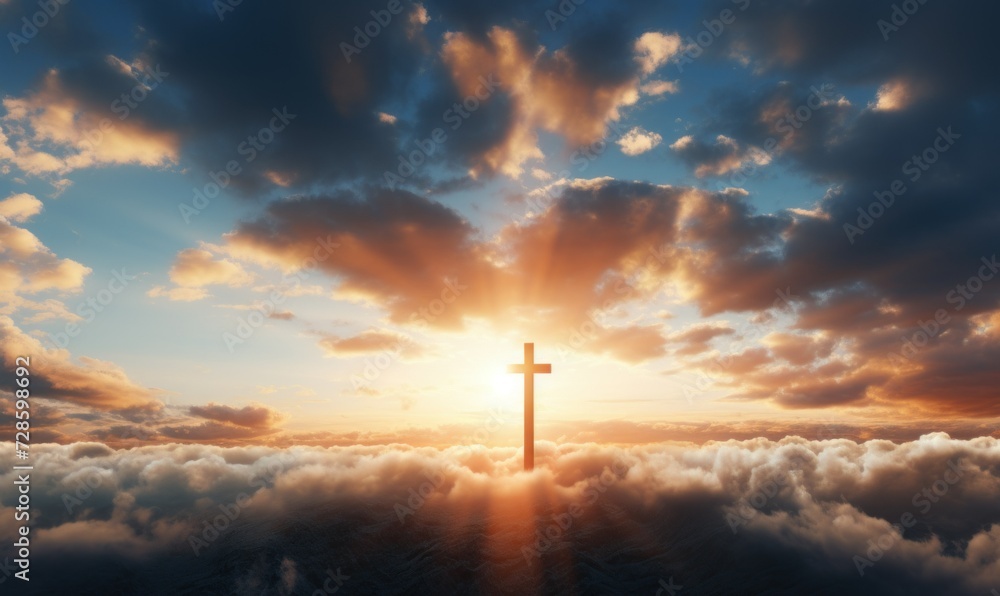 A cross breaking through the clouds, engulfed in radiance, a symbol of ...